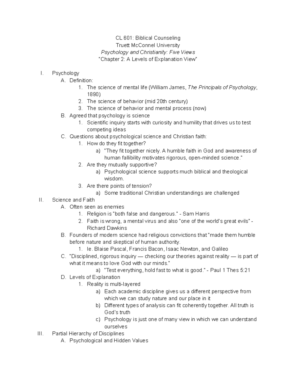 Psychology and Counseling: Five Views, Chapter 2: A Levels of ...