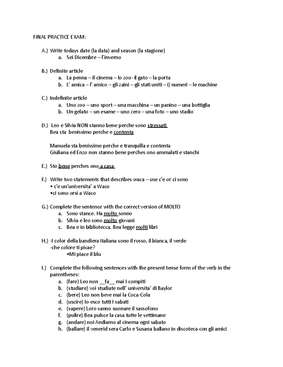 Italian final exam notes - FINAL PRACTICE EXAM: A.) Write todays date ...