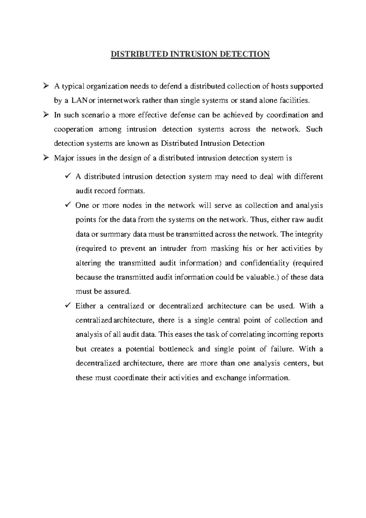 Distributed Intrusion Detection Distributed Intrusion Detection A