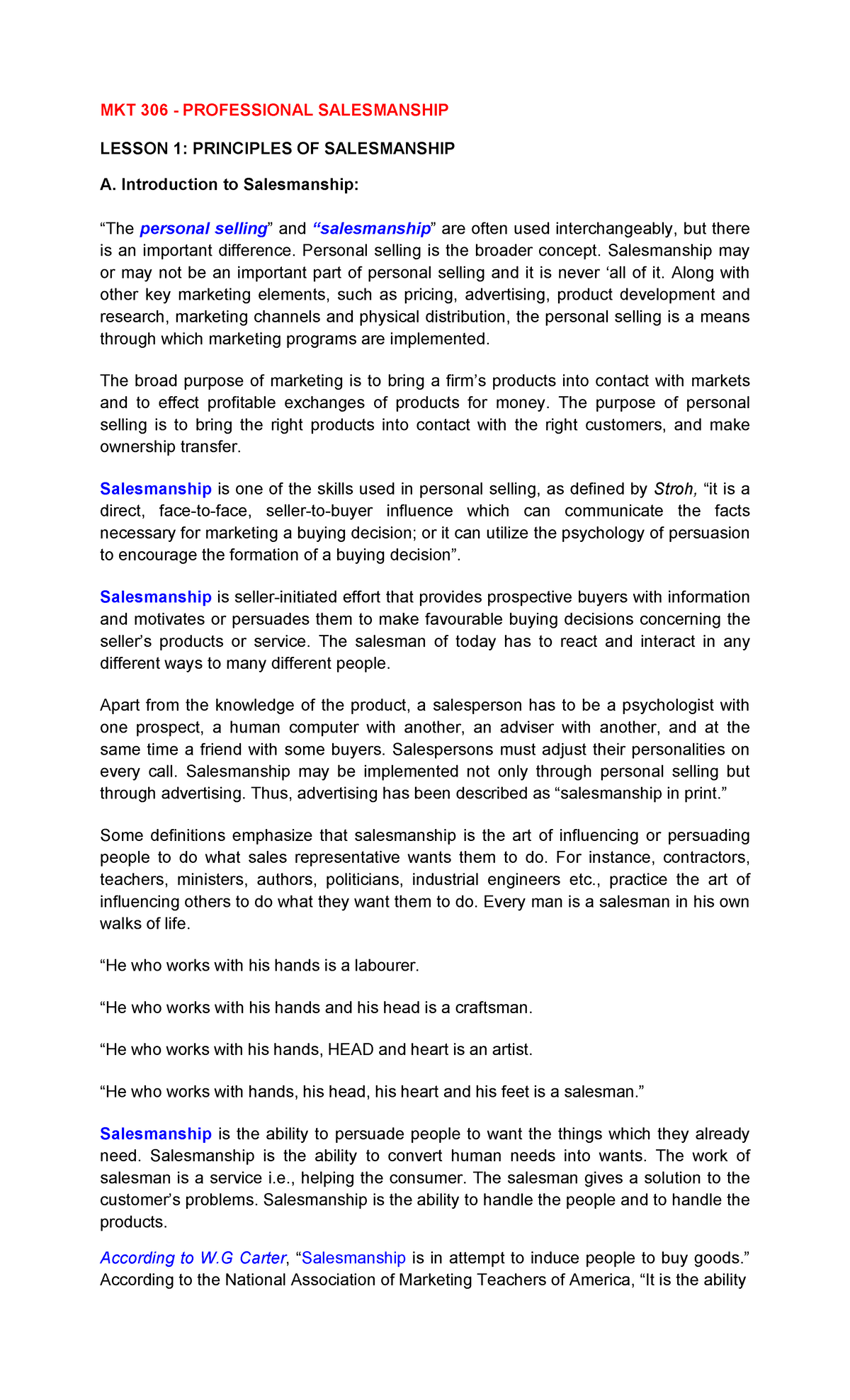 Topic-1- Principles-OF- Salesmanship - MKT 306 - PROFESSIONAL ...
