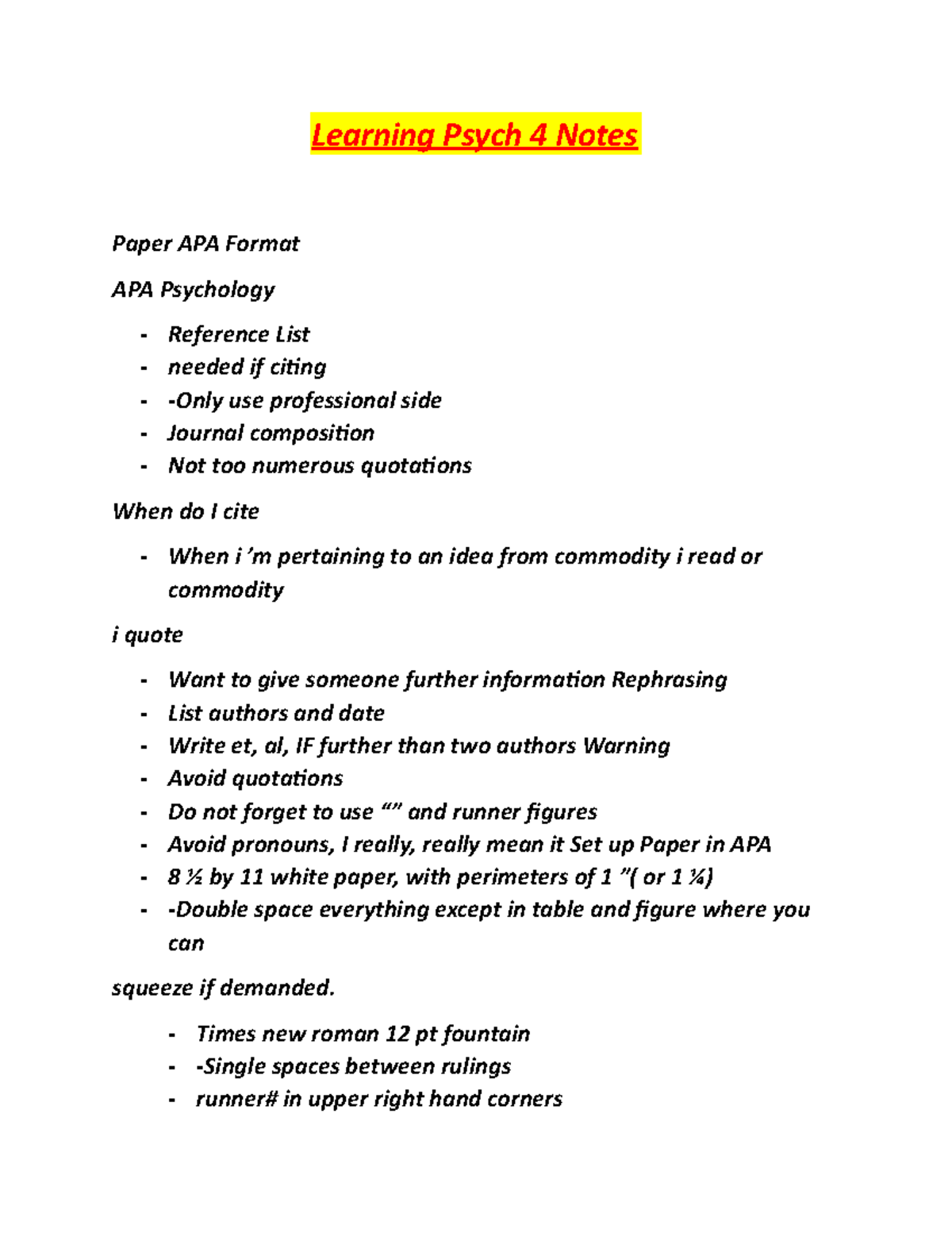 Learning Psych 4 Notes - Learning Psych 4 Notes Paper APA Format APA ...