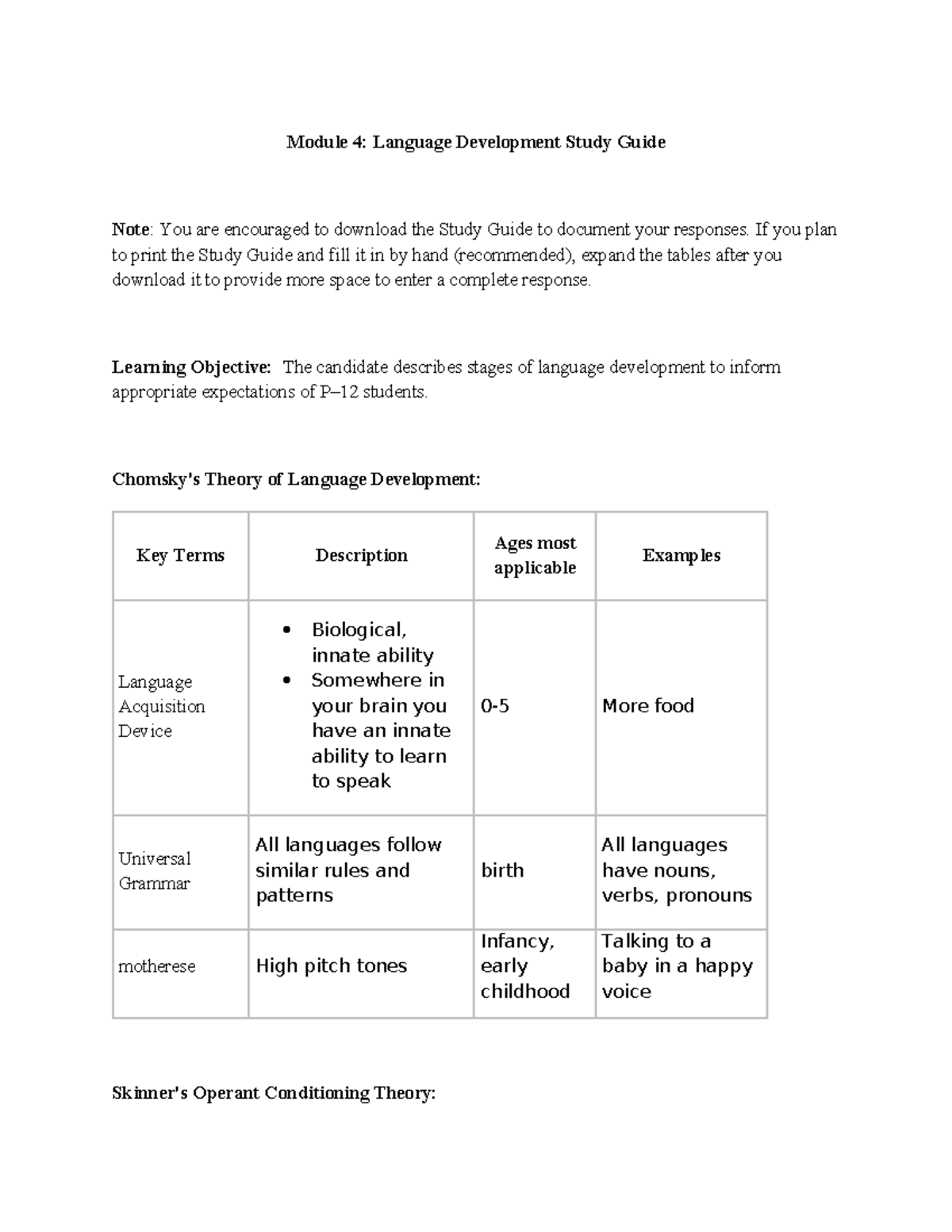 Module 4 study guide - Module 4: Language Development Study Guide Note: You are encouraged to ...