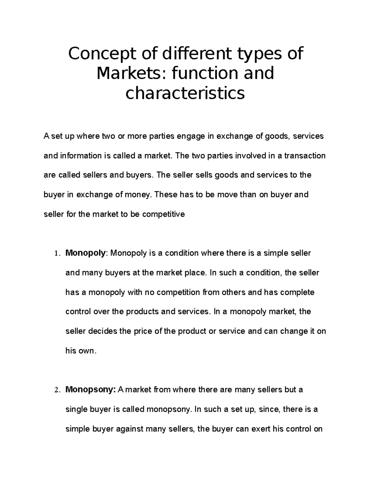 Concept of different types of Markets: function and characteristics ...