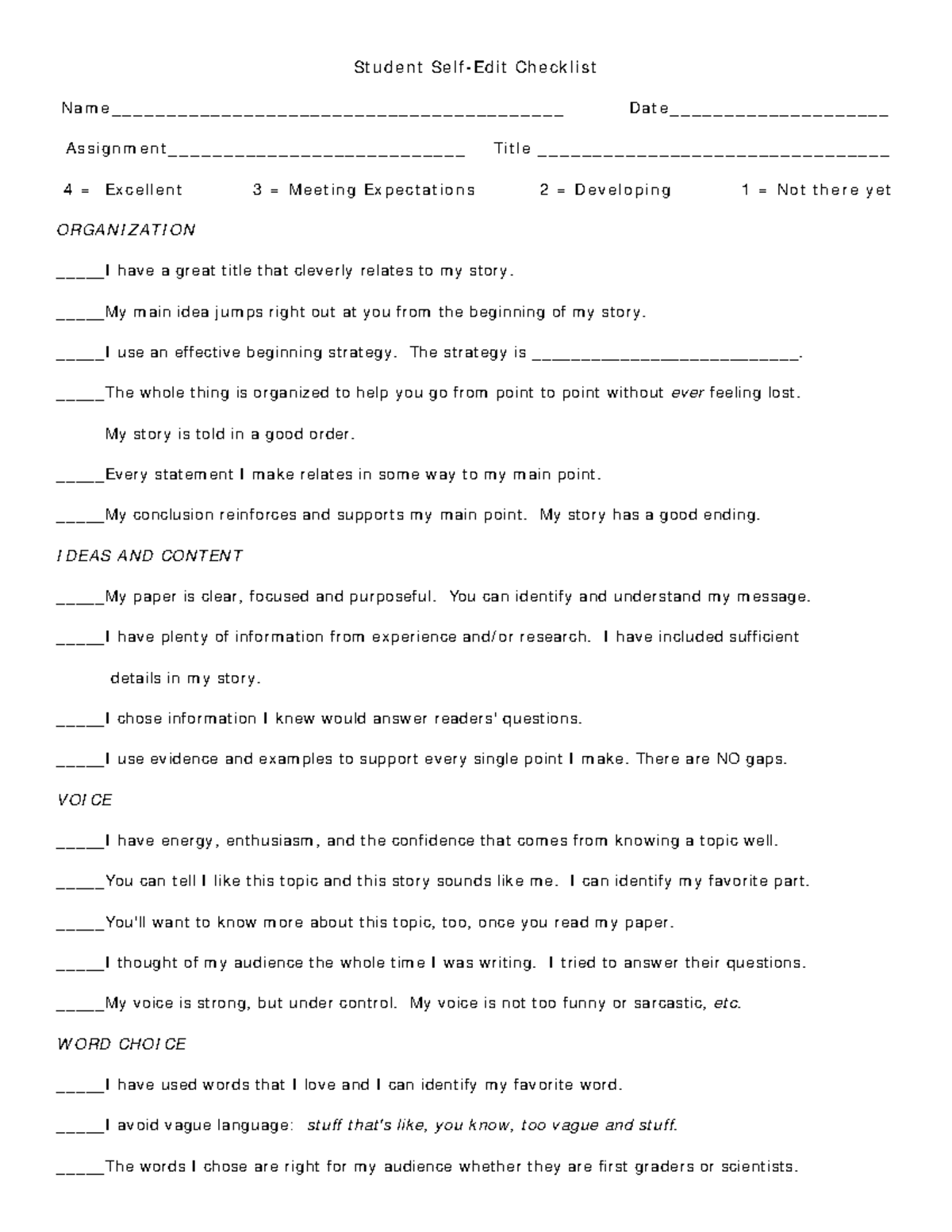 Studentchecklist-1 - Student Self-Edit Checklist Name