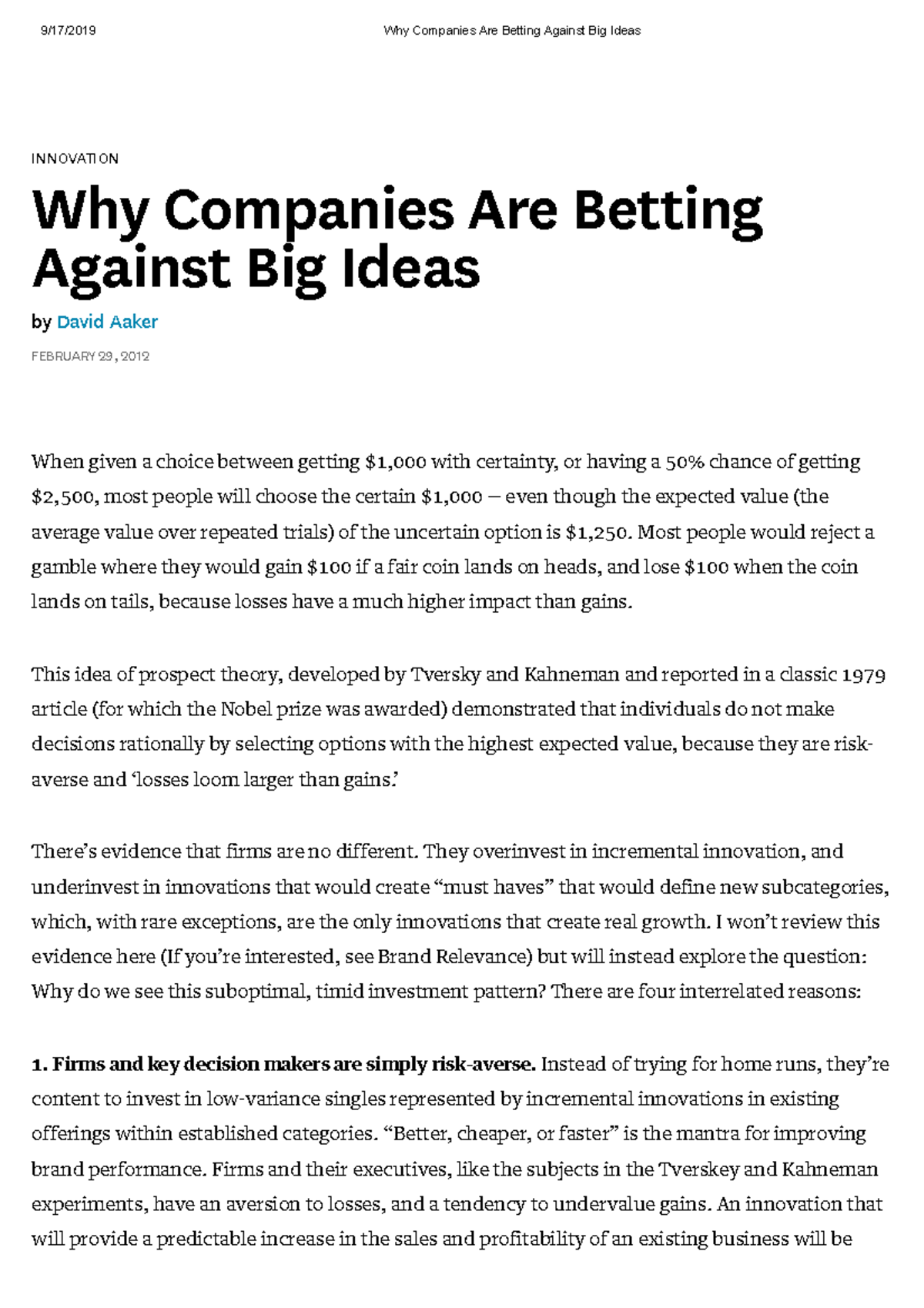HBR Why Companies Are Betting Against Big Ideas - INNOVATION Why ...
