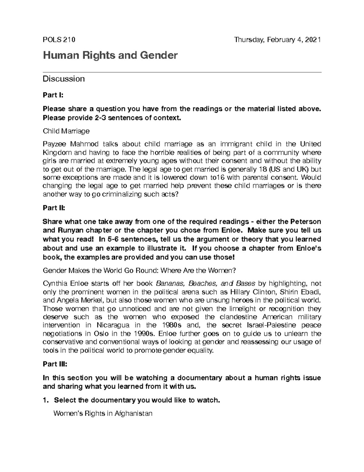 Human Rights and Gender - Discussion - POLS 210 - Bellevue College ...