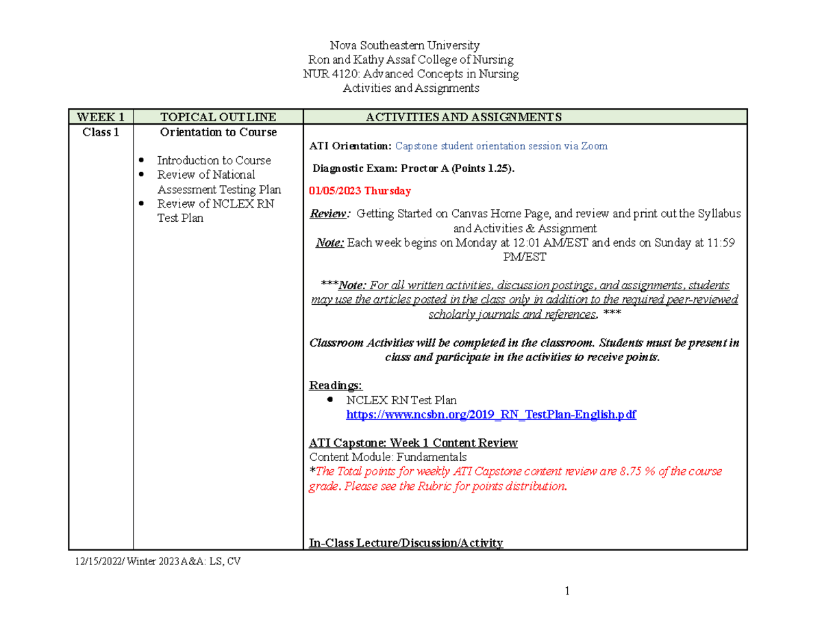 NUR4120 Advanced Concepts of Adult Nursing Activities Assignments ...