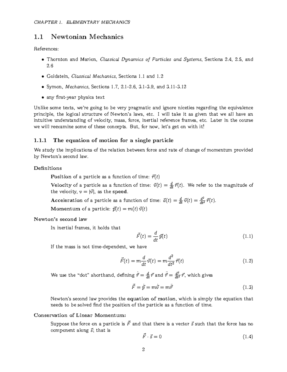 Newtonian Mechanics - CHAPTER 1. ELEMENTARY MECHANICS 1 Newtonian ...