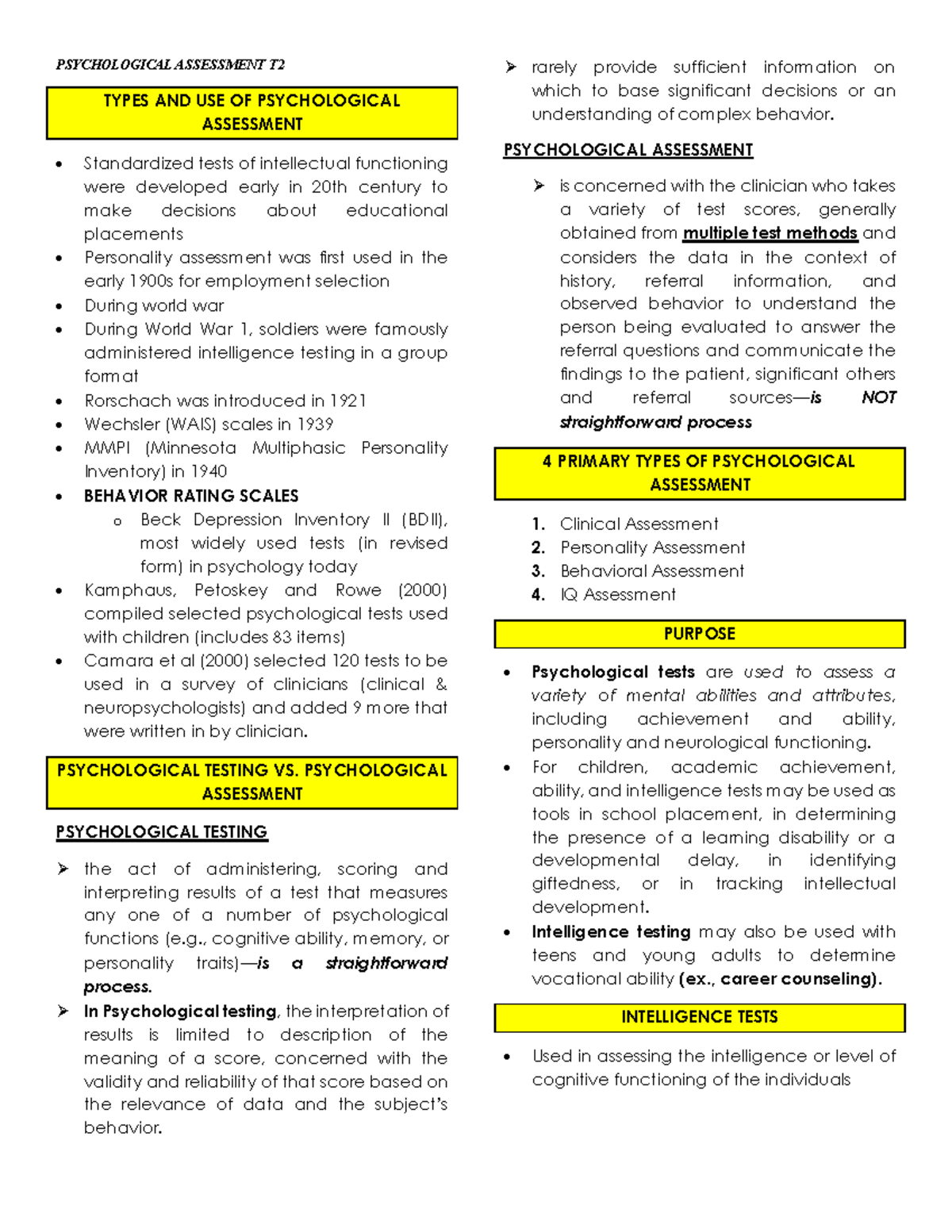 Psych T2 - Notes - PSYCHOLOGICAL ASSESSMENT T TYPES AND USE OF ...