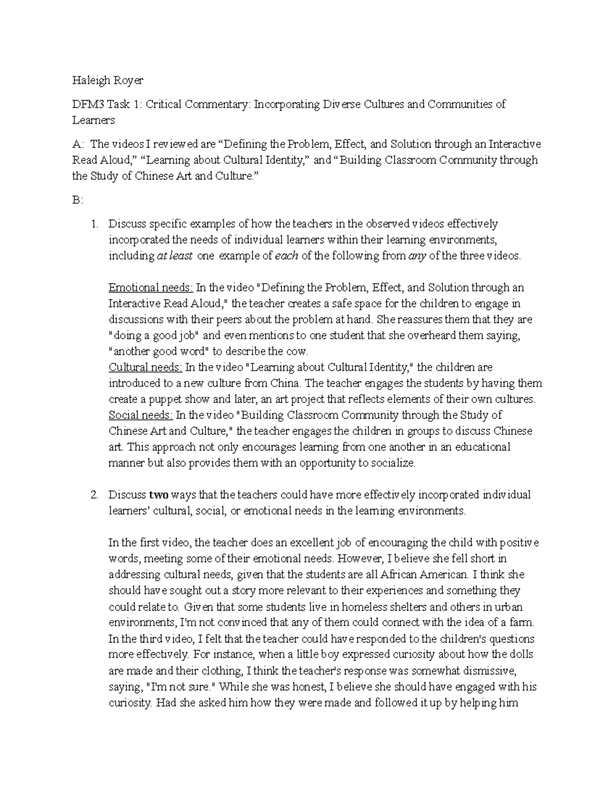 D090 Task 1 - D090 Task 1 - Haleigh Royer DFM3 Task 1: Critical ...