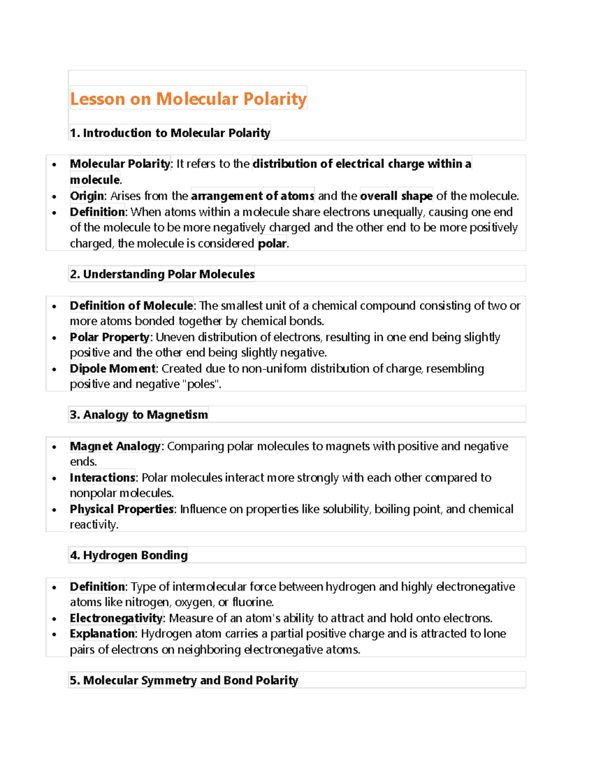 Phy Sci Lesson 2 Summary - Lesson on Molecular Polarity Introduction to Molecular Polarity ...