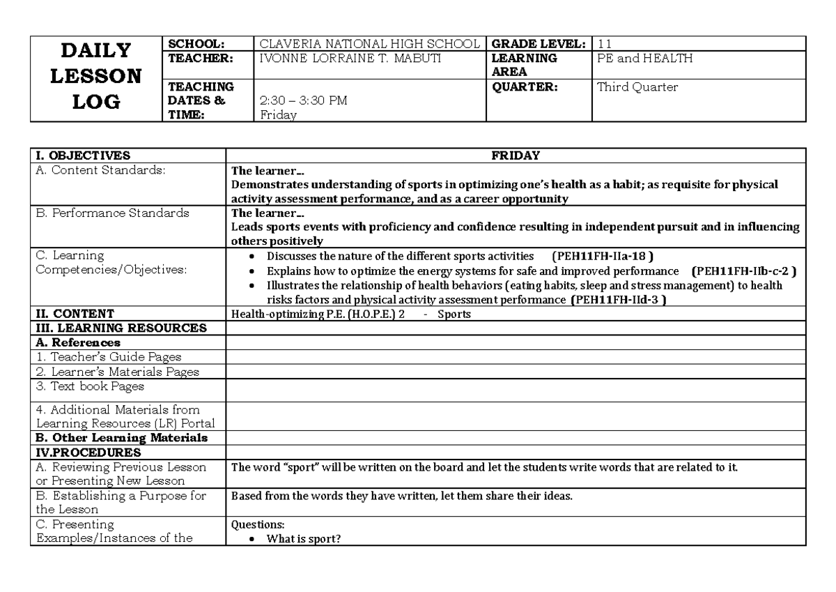Grade 11 pe 2nd sem pdf free - DAILY LESSON LOG SCHOOL: CLAVERIA ...