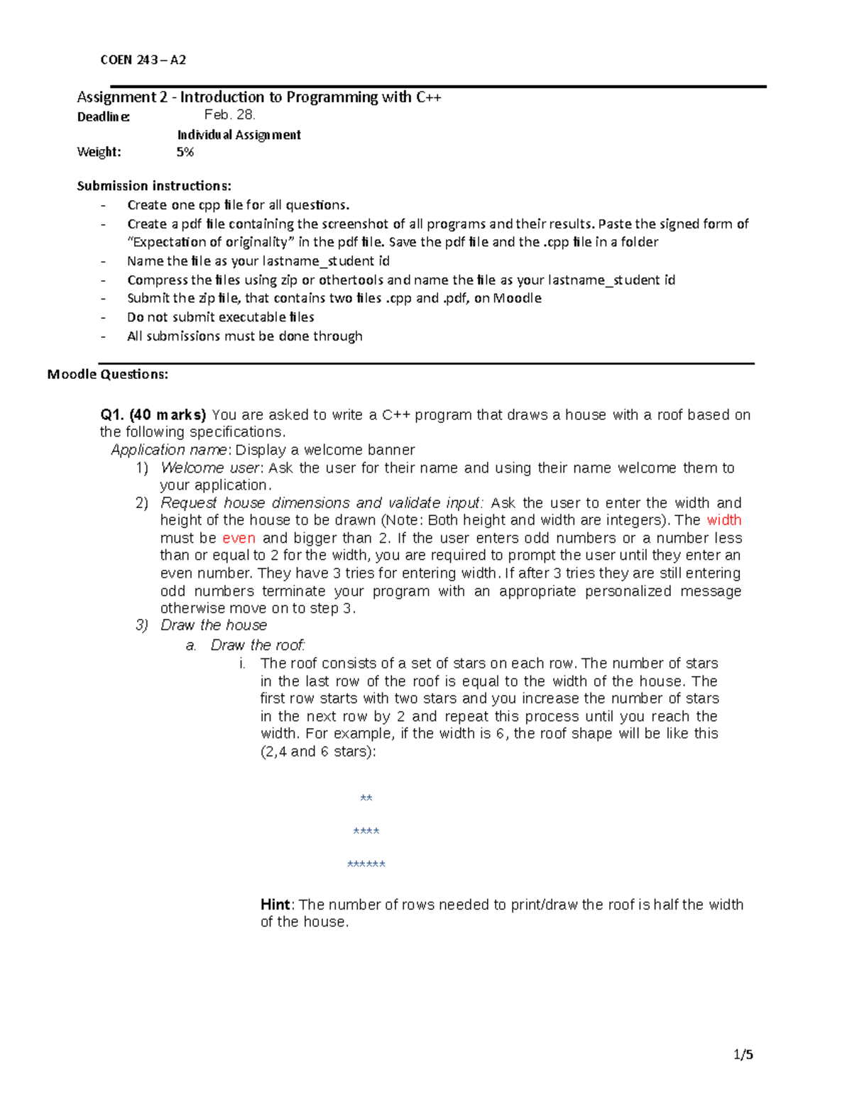 Assignment 2 Winter 2023 - COEN 243 – A Assignment 2 - Introduction to Programming with C++ ...