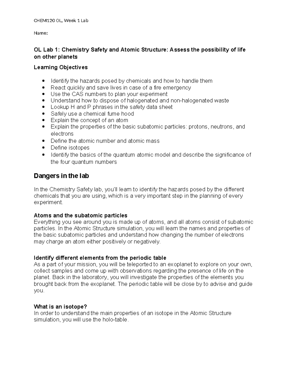 Week 1 Lab-Chemistry Safety and Atomic Structure Assess the possibility ...