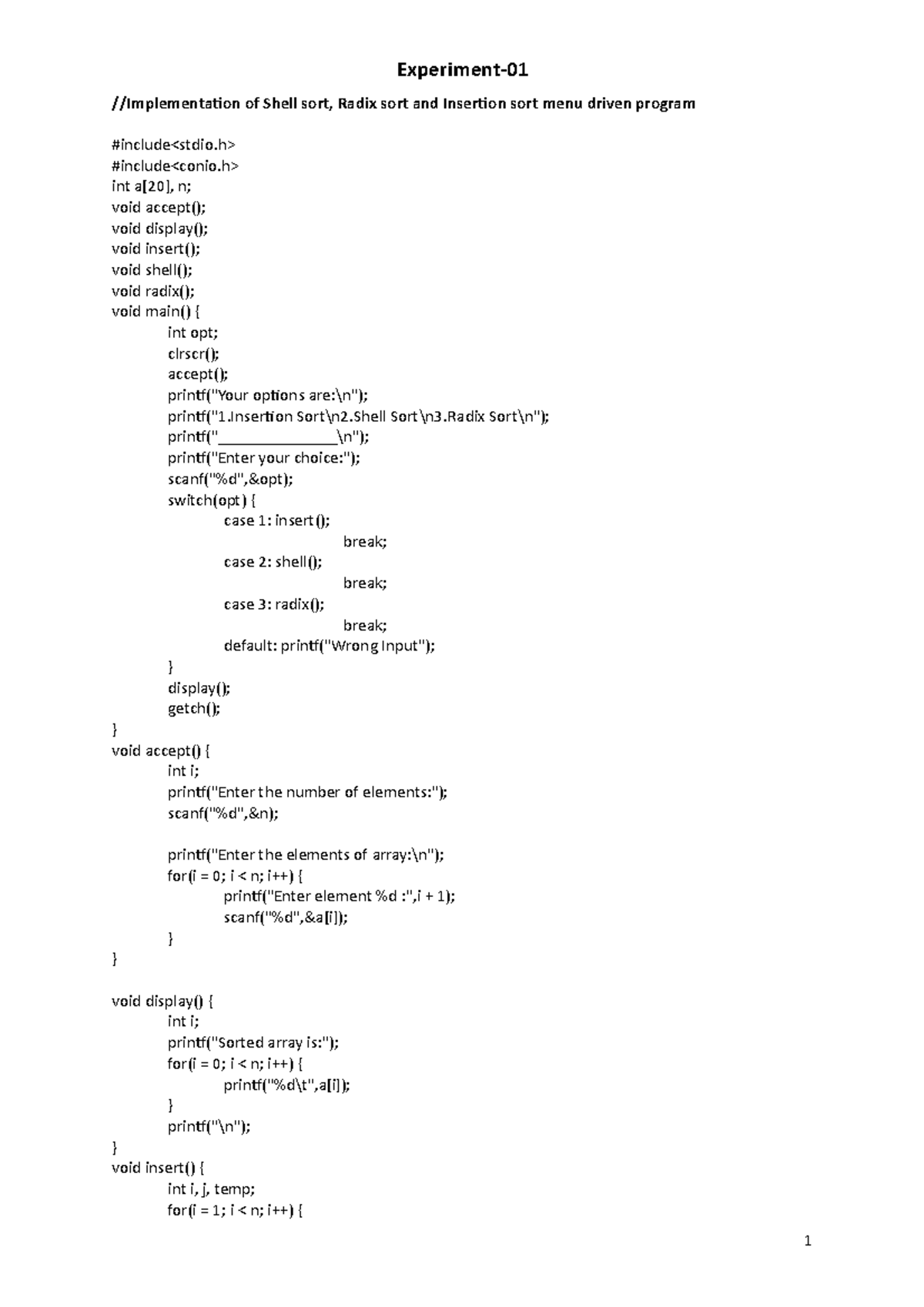 Shellradix And Insertion Sort C Code Experiment 01 Implementation Of Shell Sort Radix