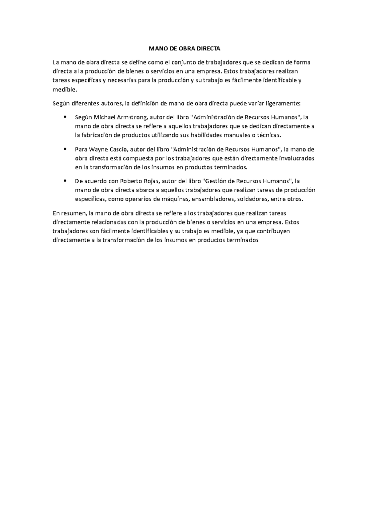 MANO DE OBRA Directa - APUNTES - MANO DE OBRA DIRECTA La mano de obra ...