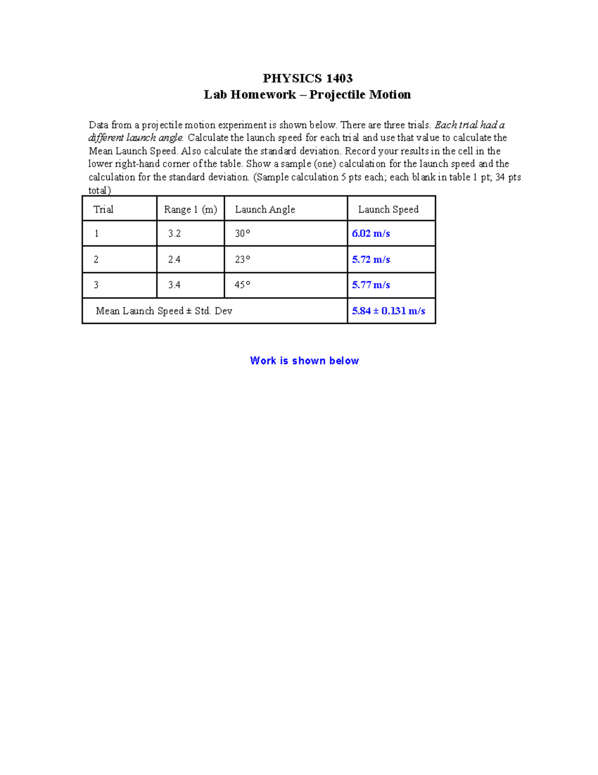 Physics 1403 - Lab Homework - Projectile Motion F 2021 A - PHYSICS 1403 ...