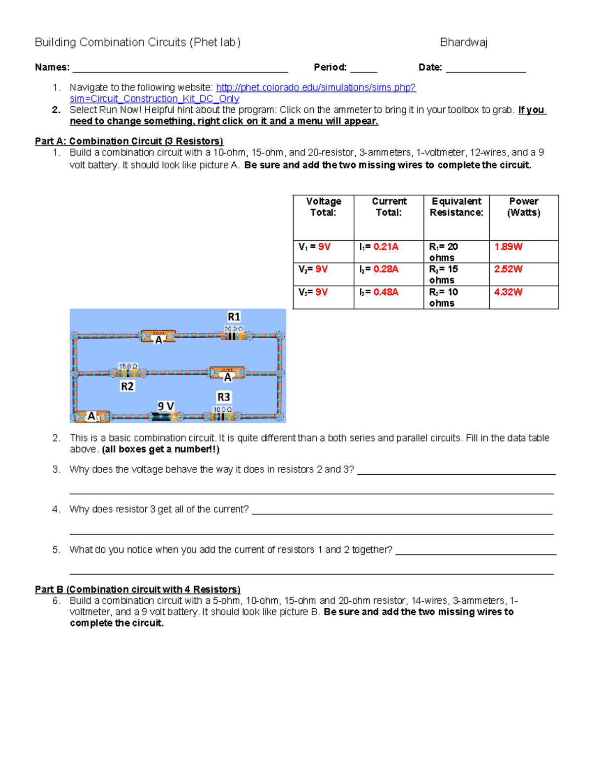 Phet Combination Lab-2024 - Building Combination Circuits (Phet lab ...