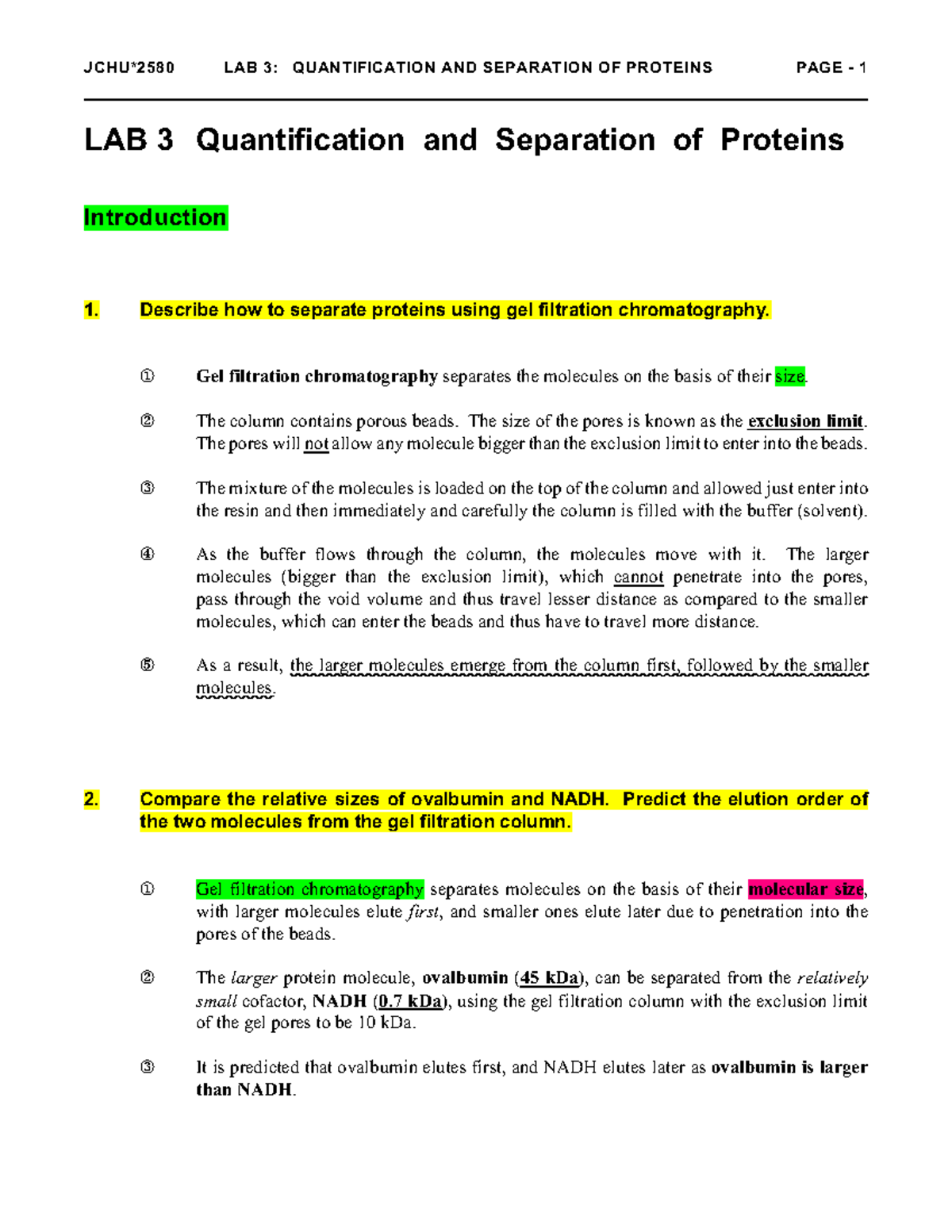 Lab 3 Notes - LAB 3 Quantification and Separation of Proteins ...