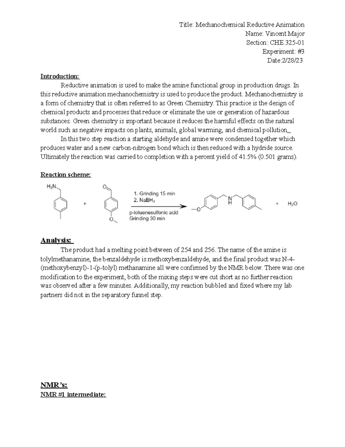 CHE lab 3 lab report - This is for organic chemistry lab 2 with Dr ...