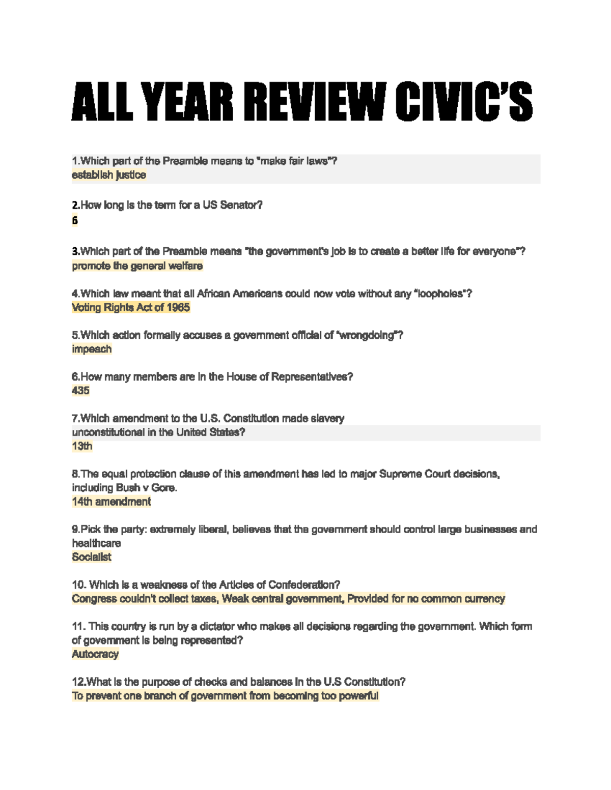 ALL YEAR Civics Review - ur mom - Studocu