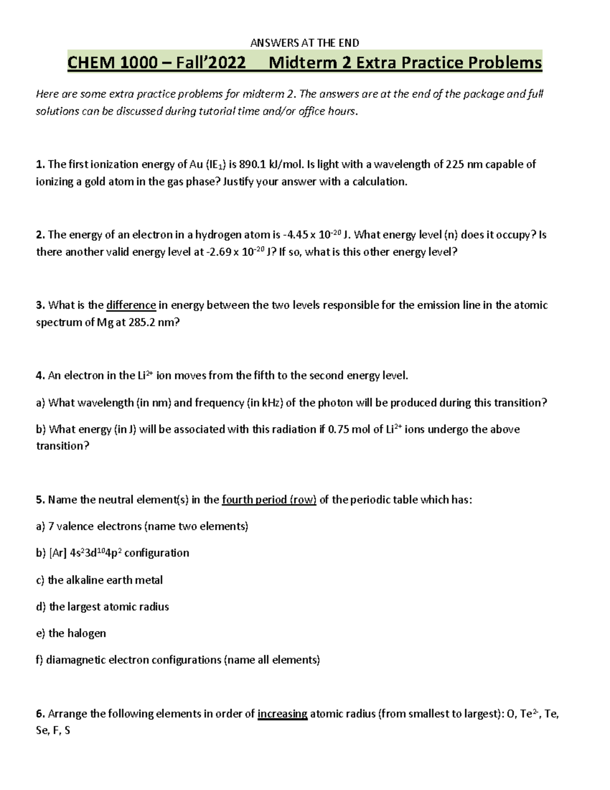 CHEM1000 - F22 - Midterm 2 extra problems - CHEM 1000 – Fall’2022 ...