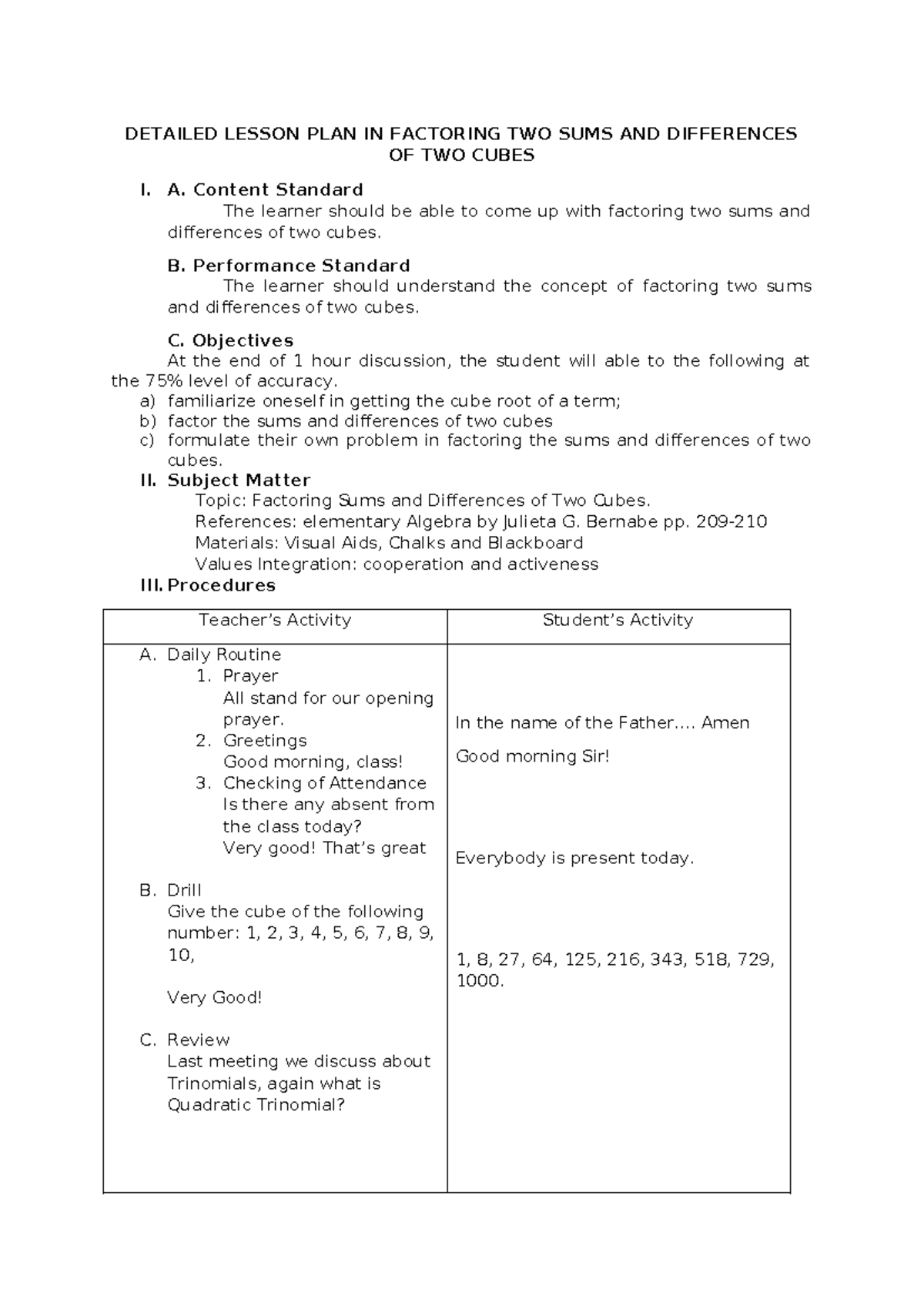 ROY- Lesson-PLAN - n/a - DETAILED LESSON PLAN IN FACTORING TWO SUMS AND ...