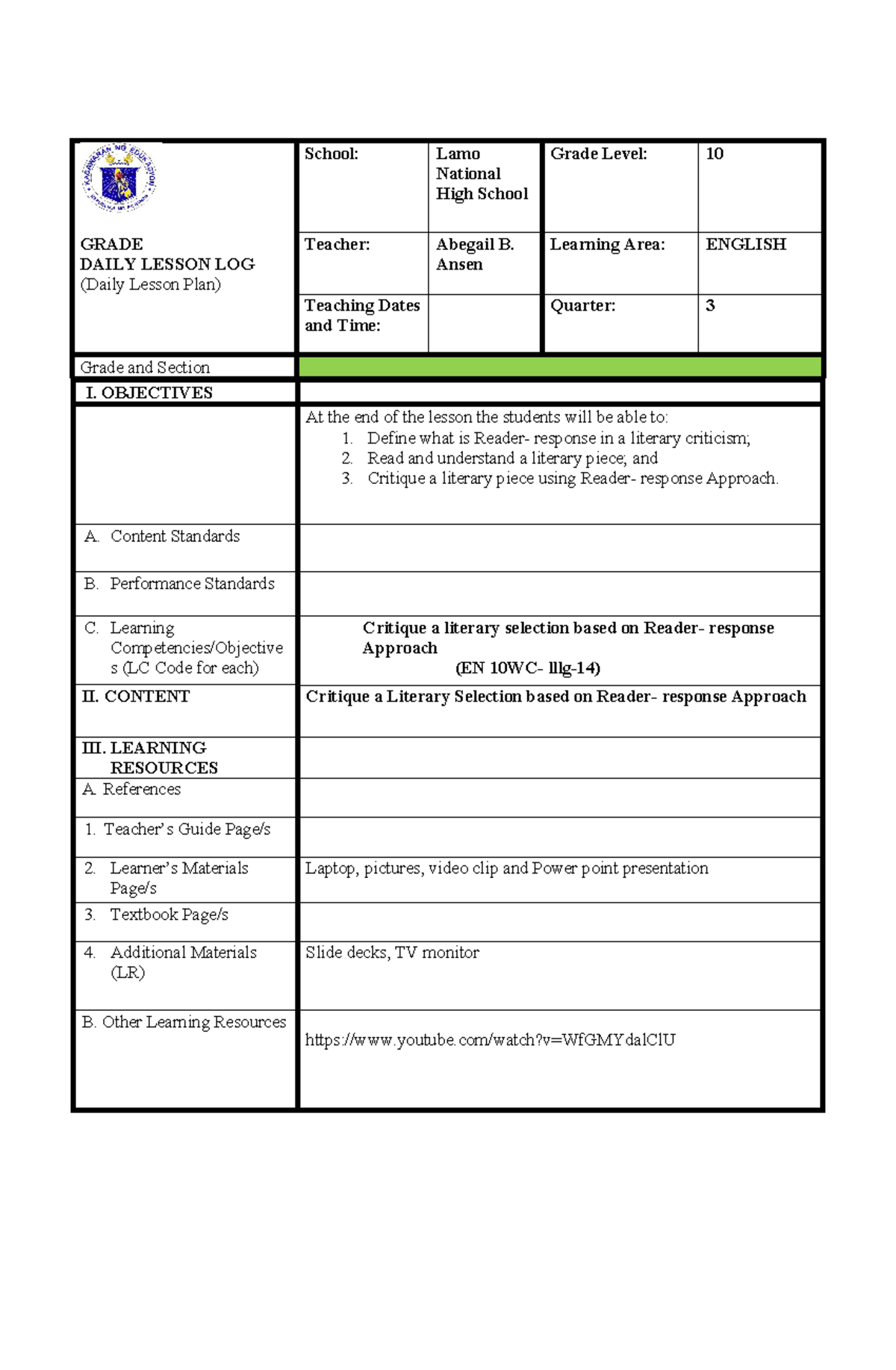 Lesson 10 Reader response Approach - School: Lamo National High School ...
