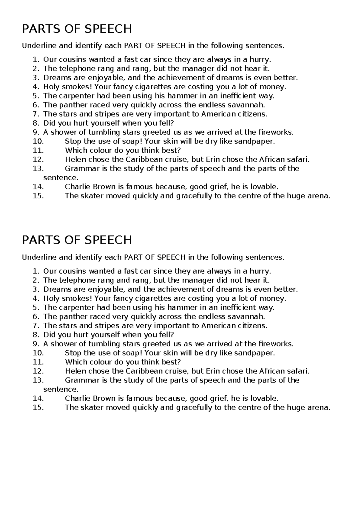 Parts OF Speech - EXCERSISE - PARTS OF SPEECH Underline and identify ...
