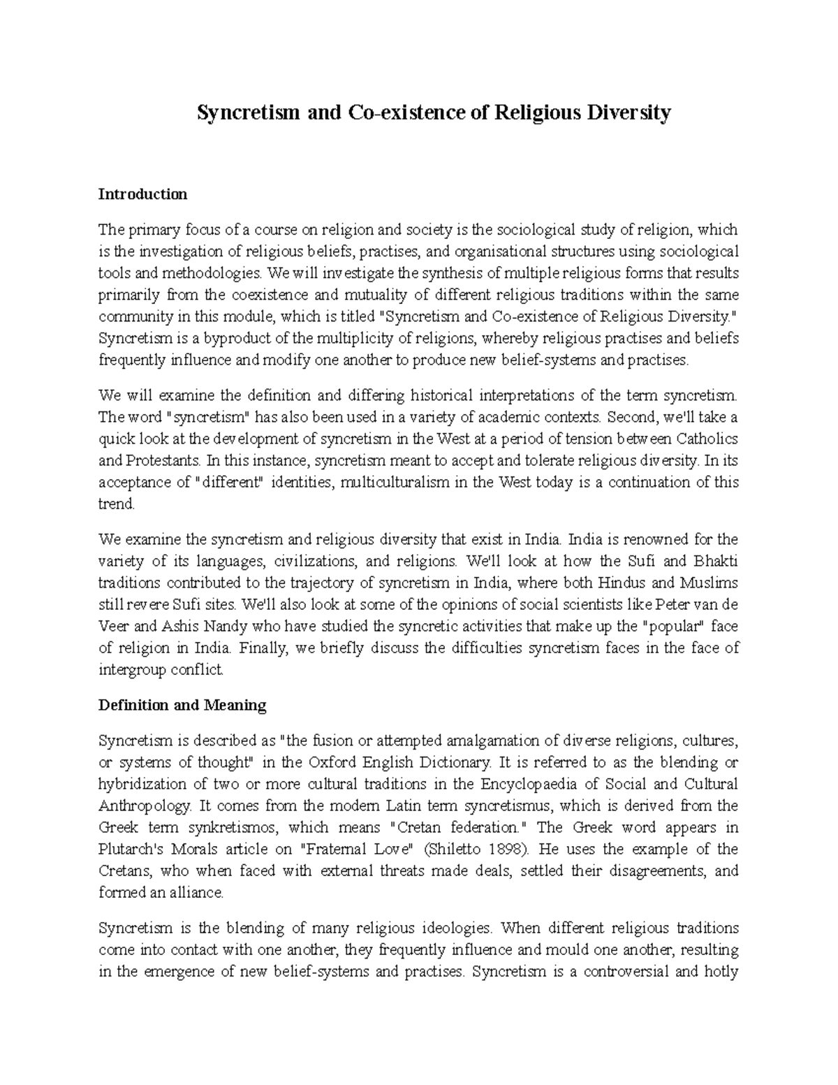 Syncretism and Co existence of Religious Diversity - Syncretism and Co ...