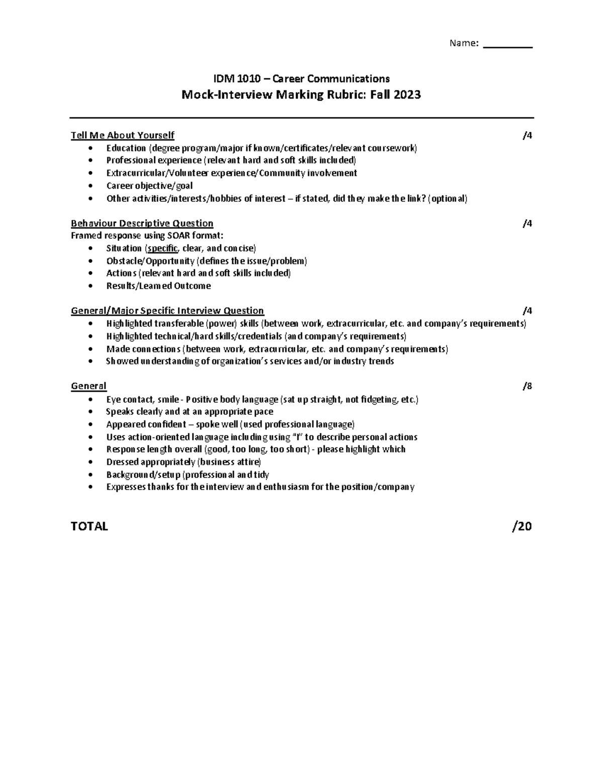 calss lecture fnso - Name: _________ IDM 1010 – Career Communications ...