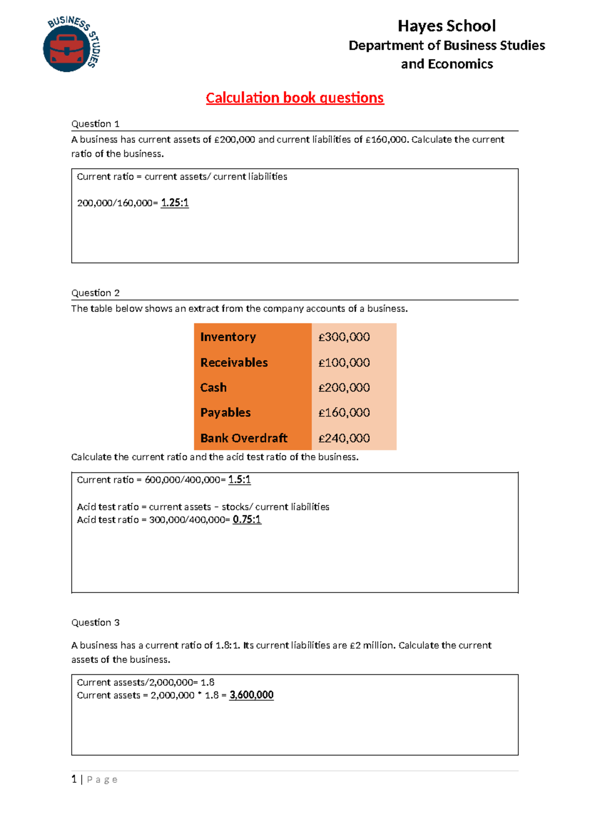 Calculation book questions cover work - Hayes School Department of ...