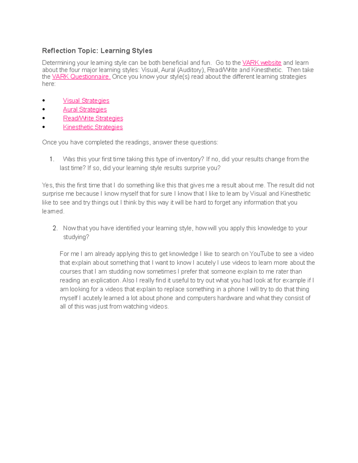 Learning Journal Unit 6 - Reflection Topic: Learning Styles Determining ...