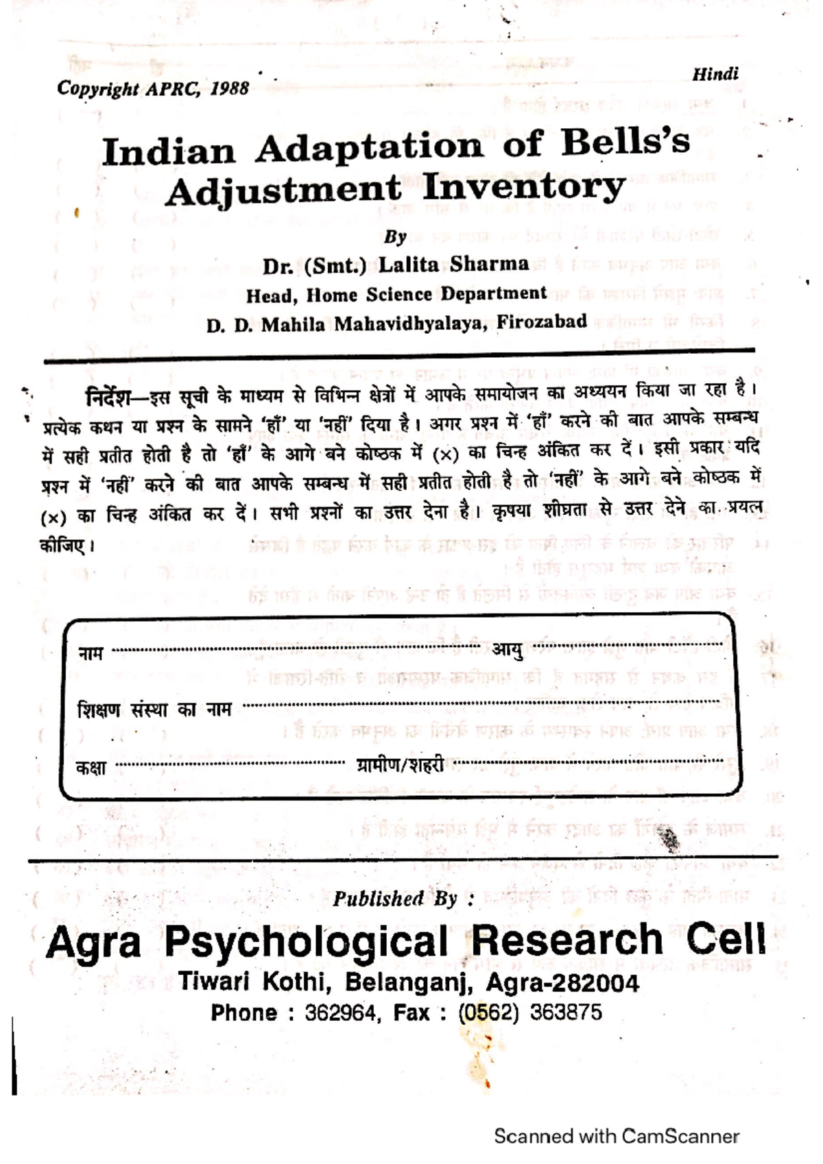 Bell Inventory - scale for practical - masters in psychology - Studocu