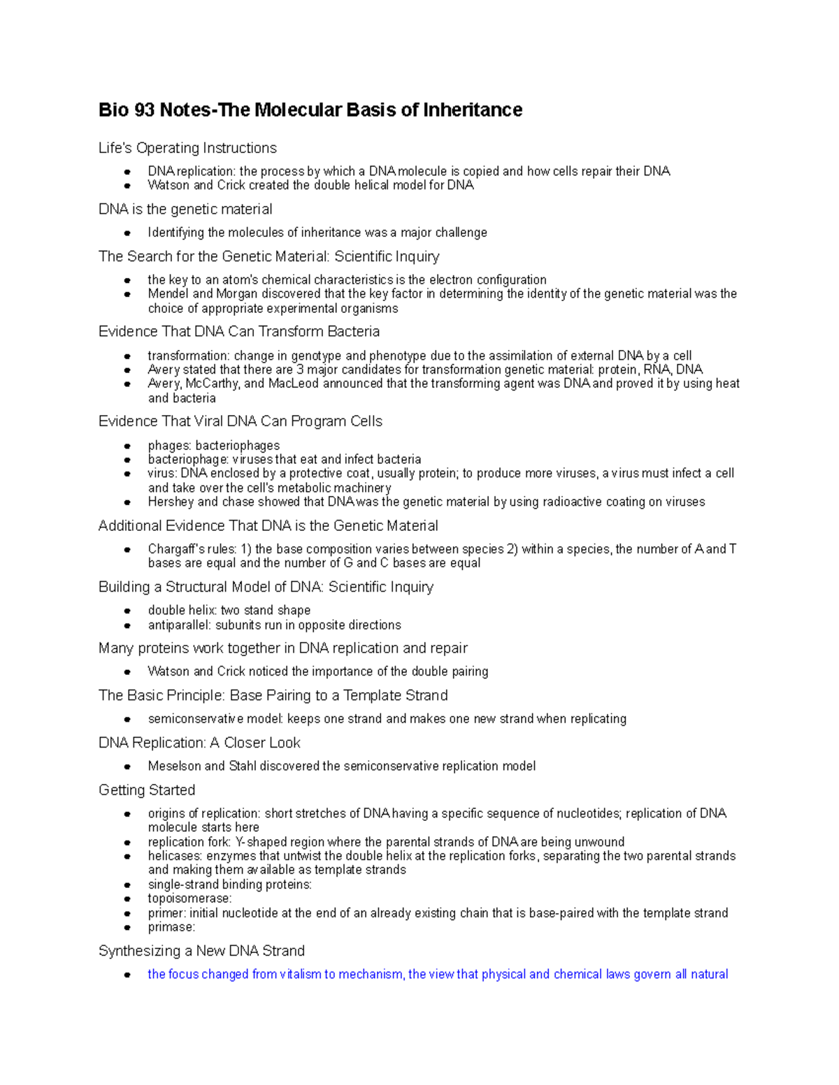 Bio 93 Notes-The Molecular Basis of Inheritance - Bio 93 Notes-The ...