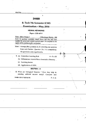 Btech cse 7 sem neural networks 24489 dec 2018 - pharmacy - Studocu