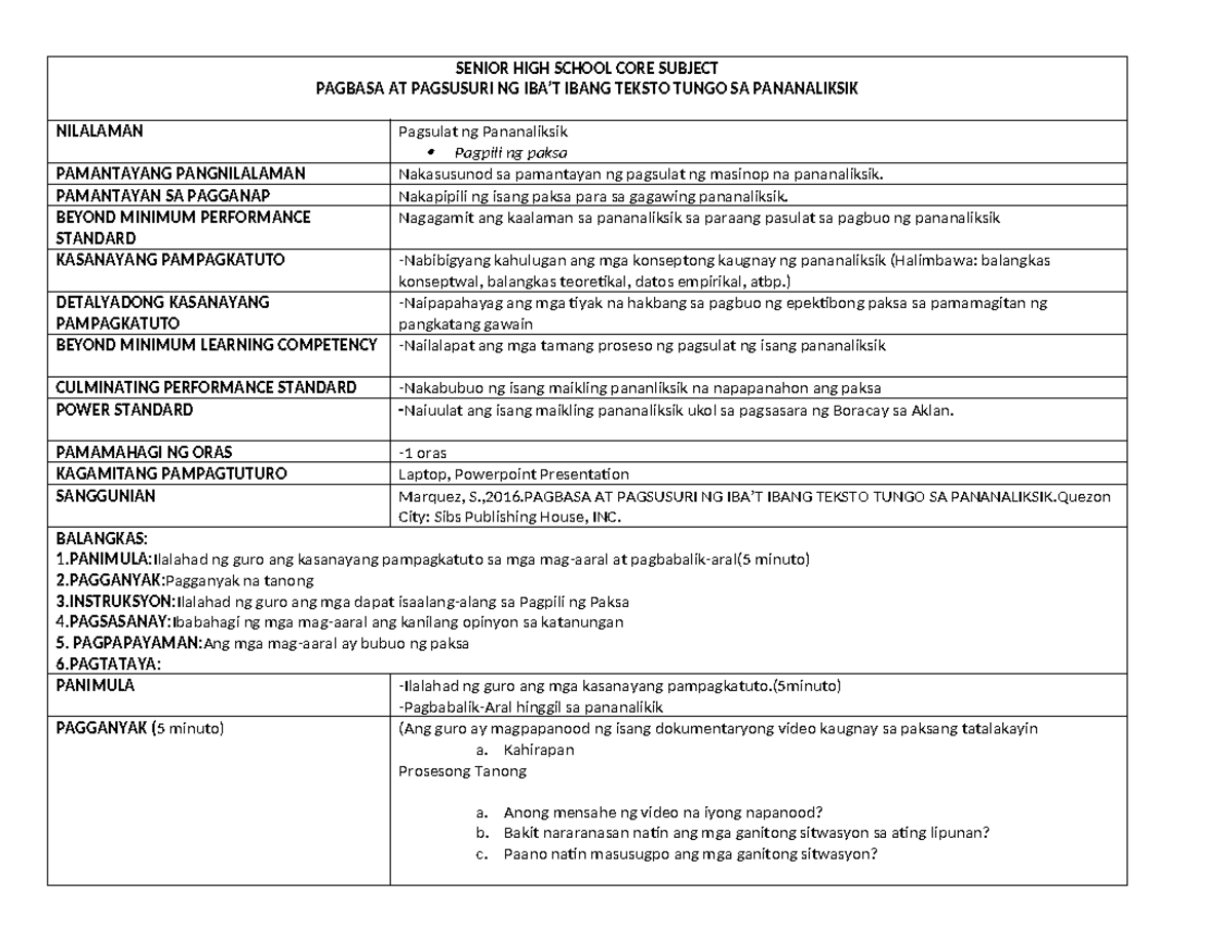 Teaching guide - Pagbasa - SENIOR HIGH SCHOOL CORE SUBJECT PAGBASA AT ...
