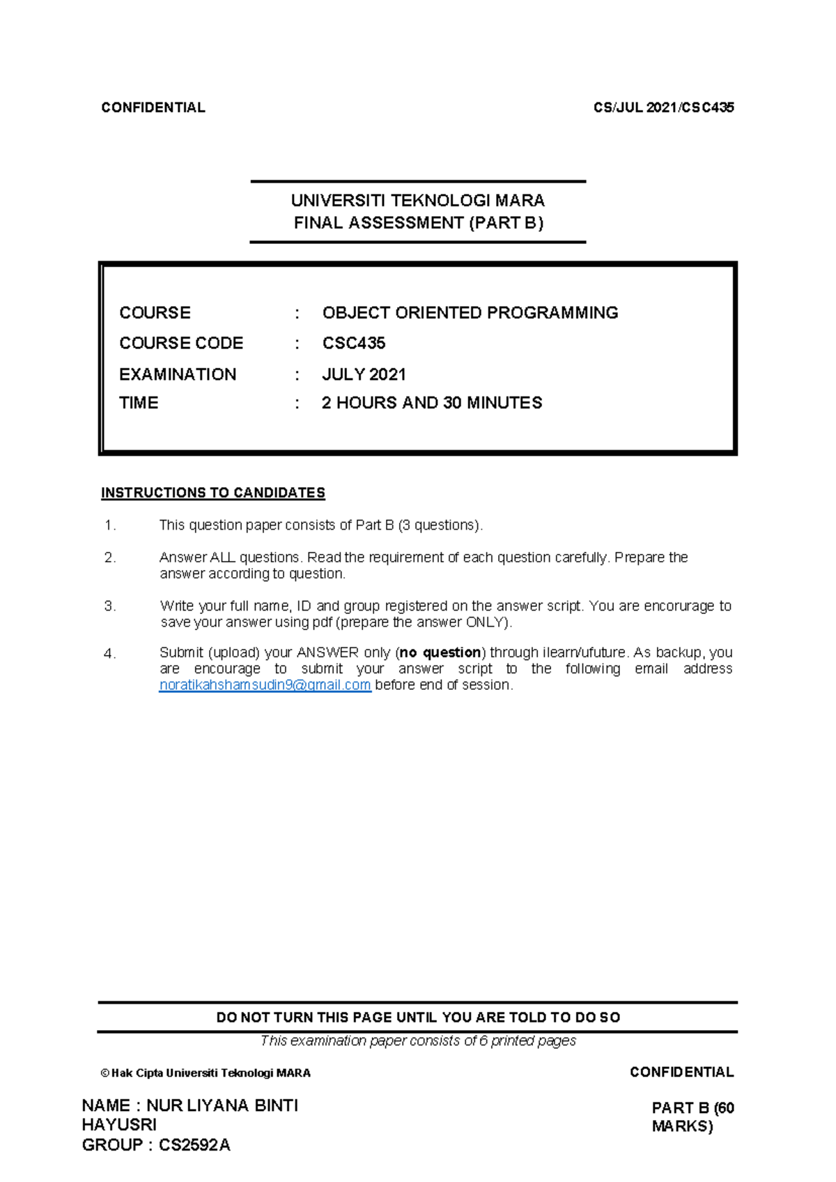Final Assessment PART B(all Jul2021) - COURSE : OBJECT ORIENTED ...