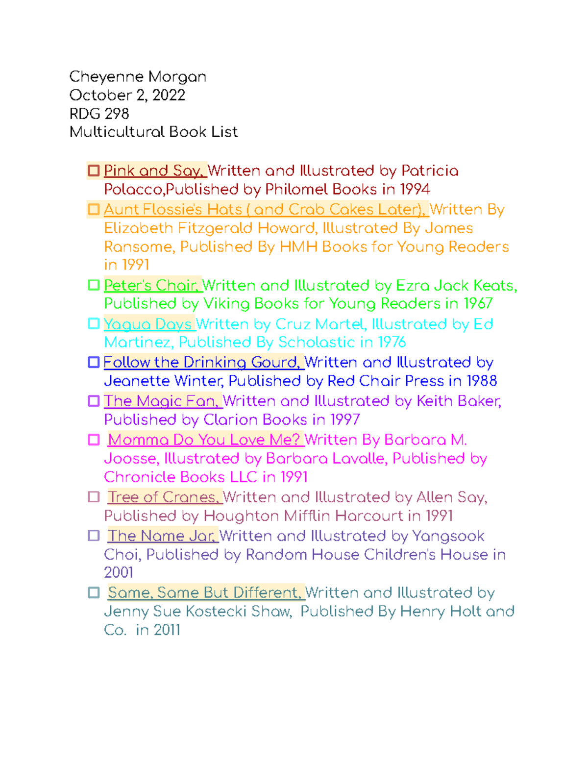 Multicultural Book List - Cheyenne Morgan October 2, 2022 RDG 298 ...