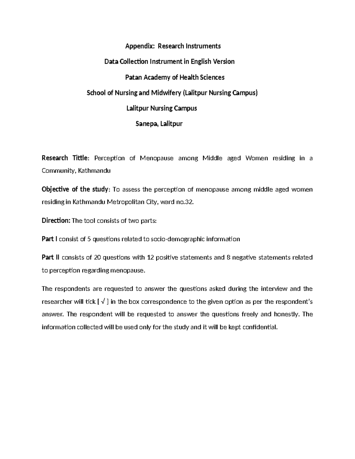 English questions - Appendix: Research Instruments Data Collection Instrument in English Version ...