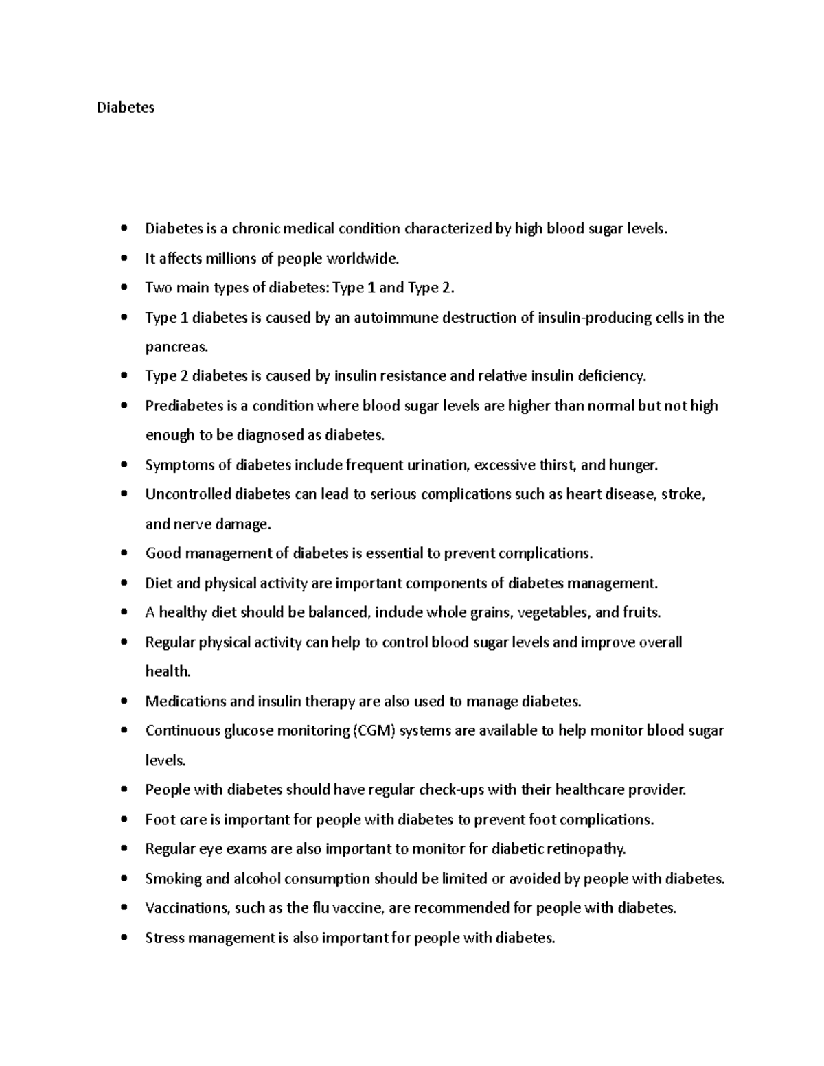 Diabetes notes - Diabetes Diabetes is a chronic medical condition ...