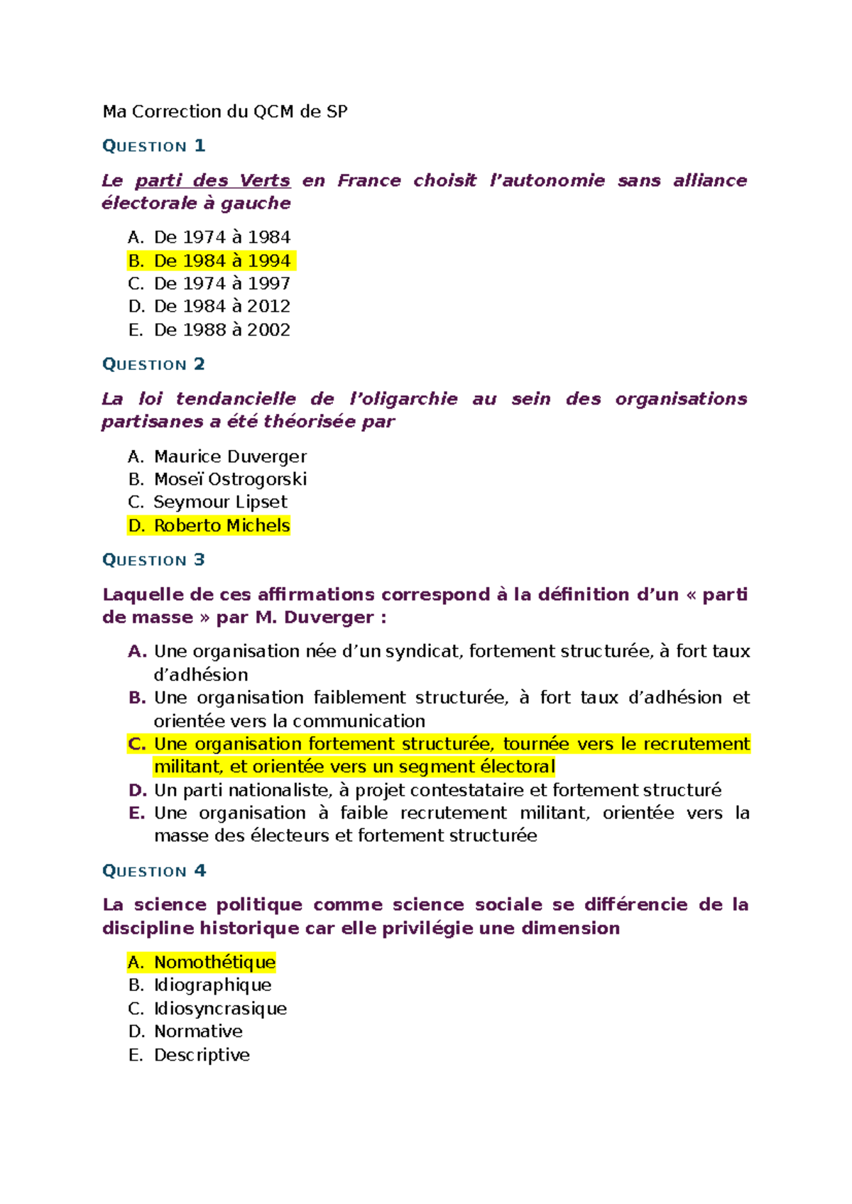 Correction du QCM de SP 2017 - Ma Correction du QCM de SP QUESTION 1 Le ...