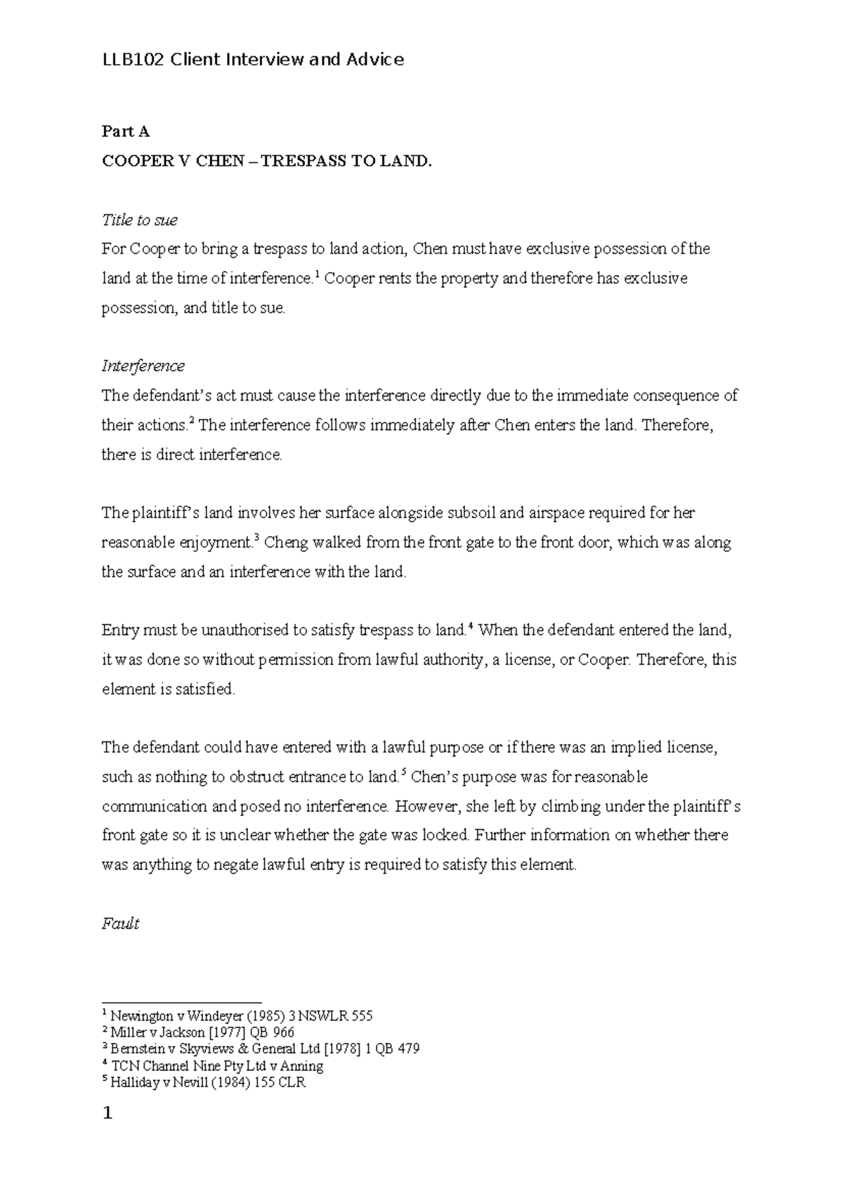 LL102Assignment - First assignment - Part A COOPER V CHEN – TRESPASS TO ...