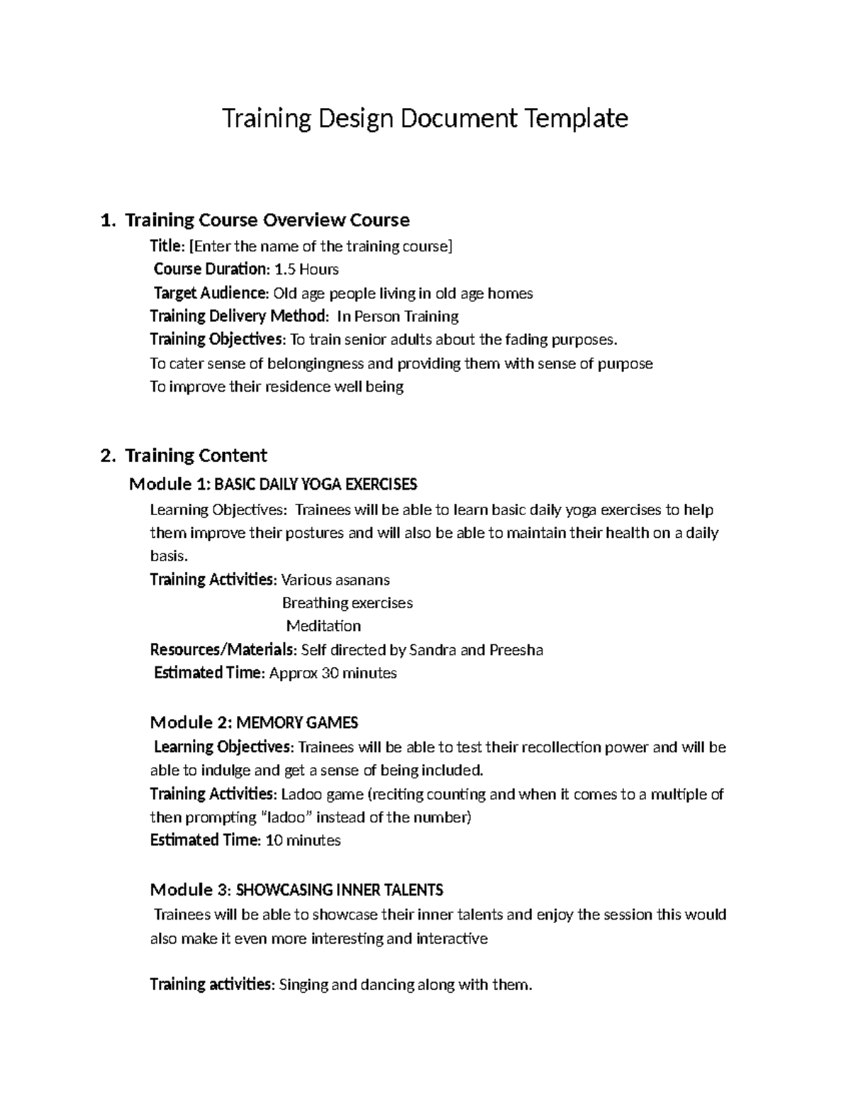 Training Design Document Template - Training Course Overview Course ...