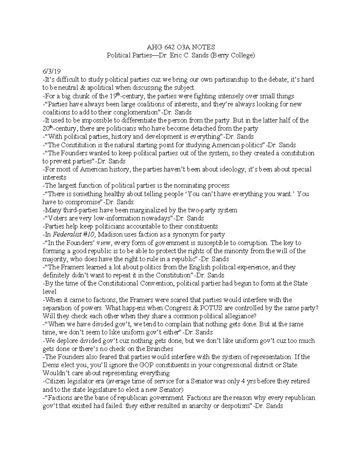 Political Parties - Notes - AHG 642 O3A NOTES Political Parties—Dr ...
