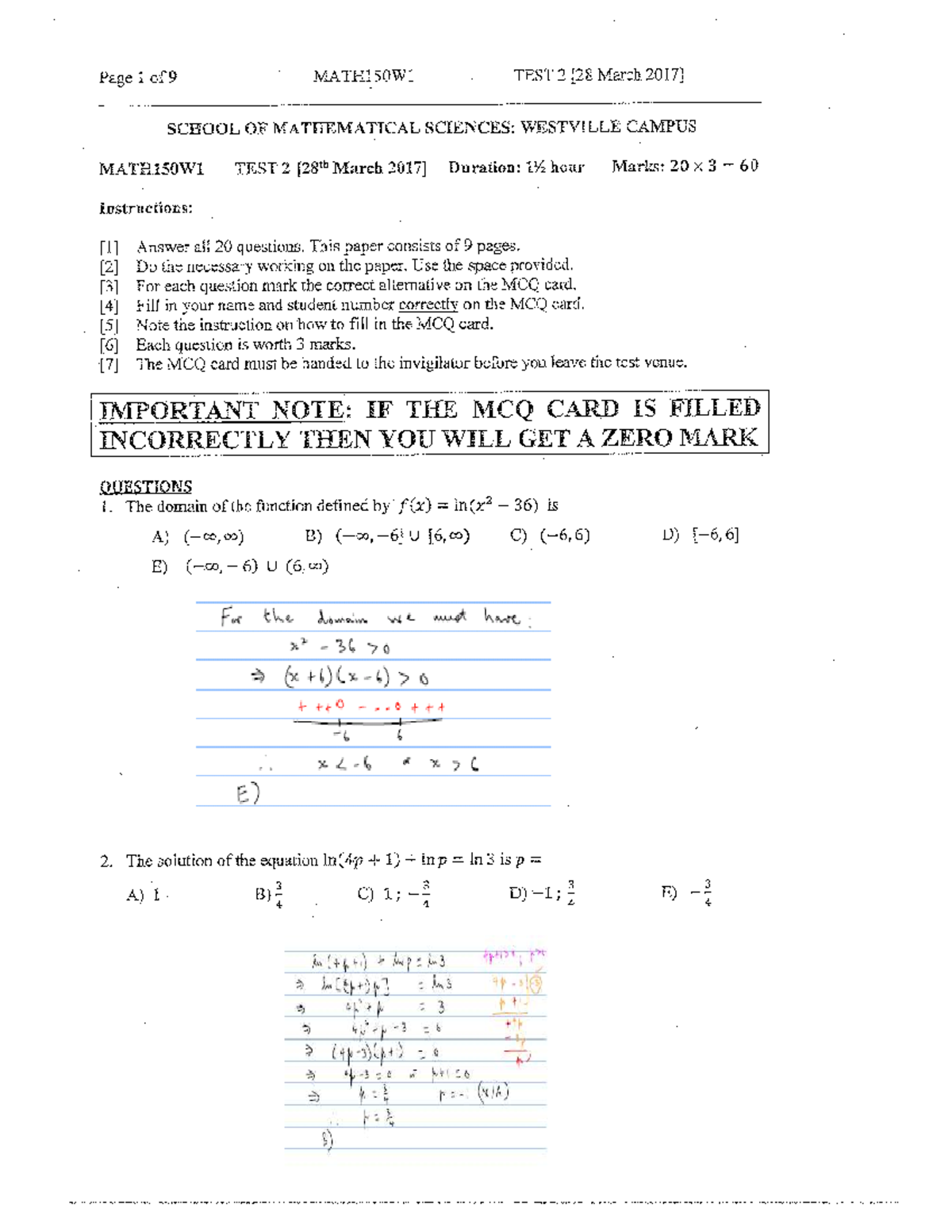 Test 2 April 2017, questions and answers - MATH150 - Studocu