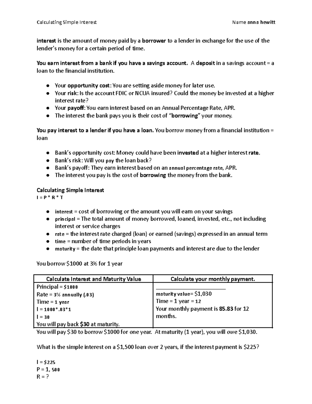 1b calculating simple interest student notes - Calculating Simple ...