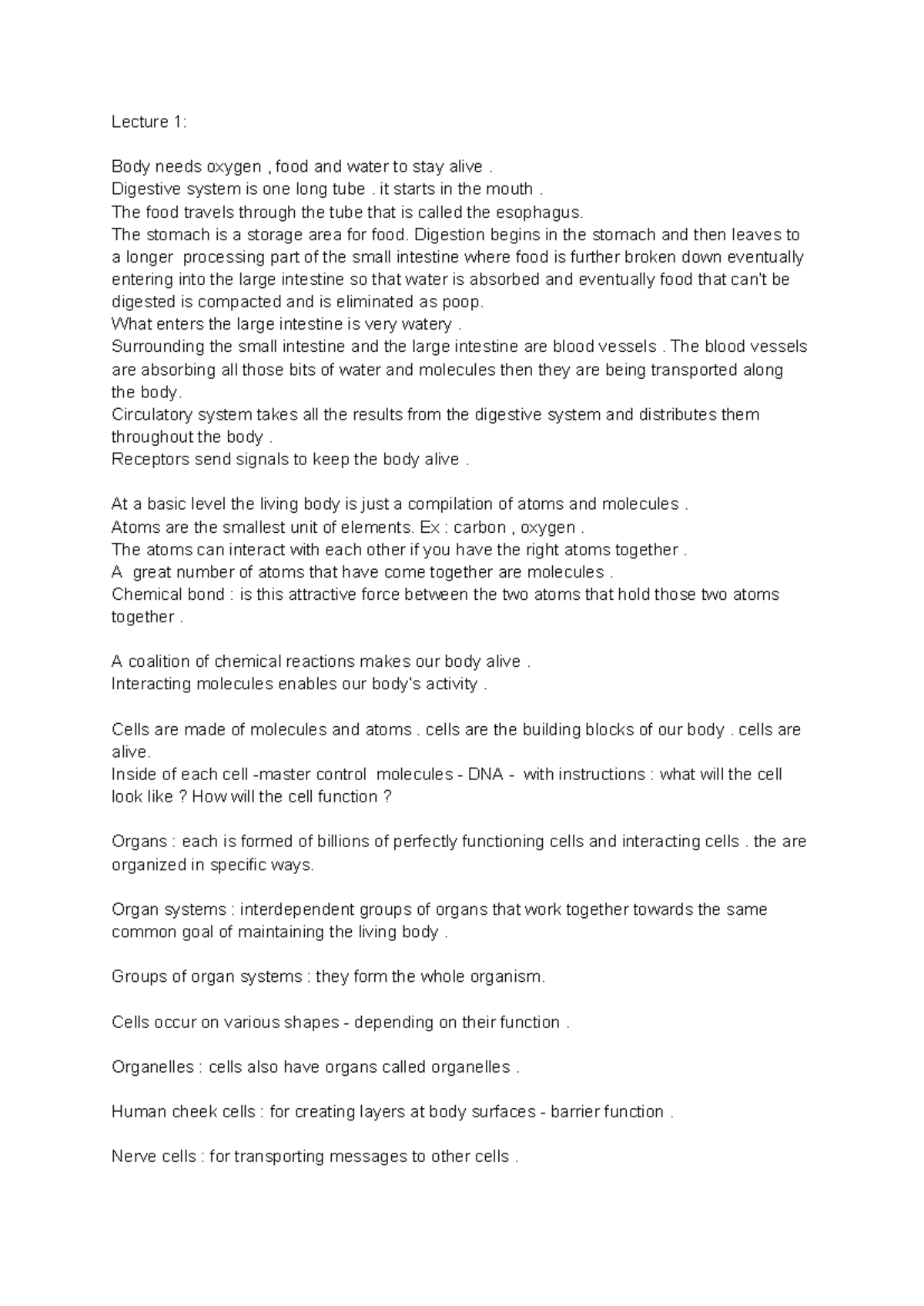 The living body - notes - Lecture 1: Body needs oxygen , food and water ...