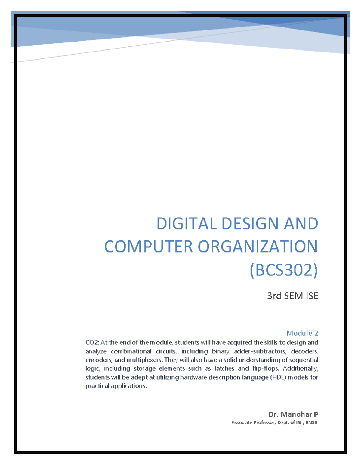 DDCO Mod 2 T1 - DIGITAL DESIGN AND COMPUTER ORGANIZATION (BCS302) 3rd ...