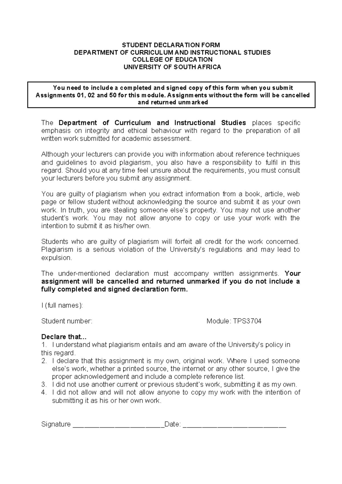 Assignment 2B[98] tps3704 - STUDENT DECLARATION FORM DEPARTMENT OF ...